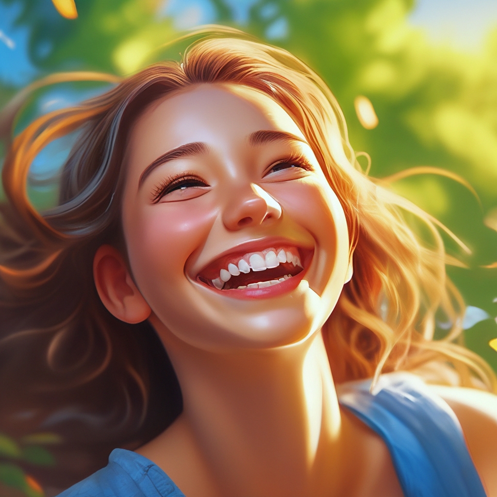 "Joyful smile, lots of positive, good quality, bright day, realistic ...