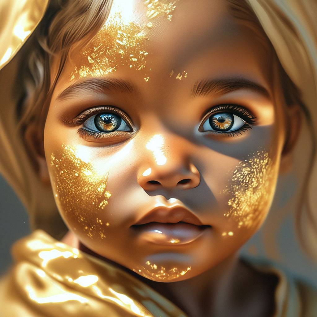 "Toddler tanned girl with golden powder on her skin, purity, beige and ...