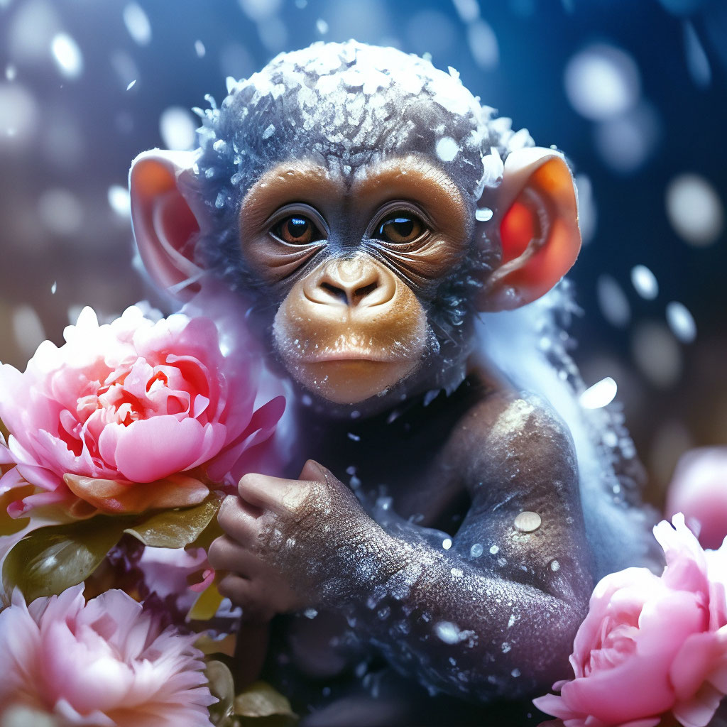"Cute child of a dwarf chimpanzee in peony flowers, megarealistic, airy ...