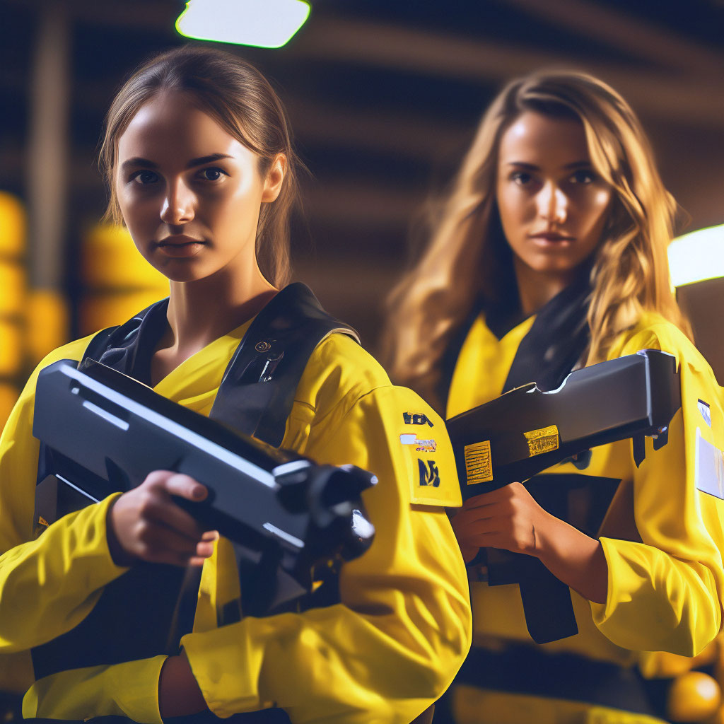 "Laser tag,two girls in their twenties, dressed in yellow and black ...