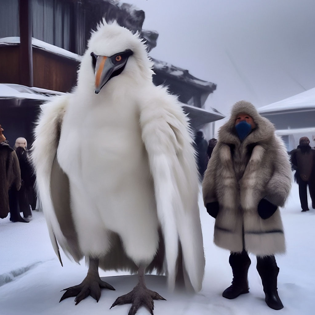 "A giant white human-like mutant bird covered with a huge amount of fur ...