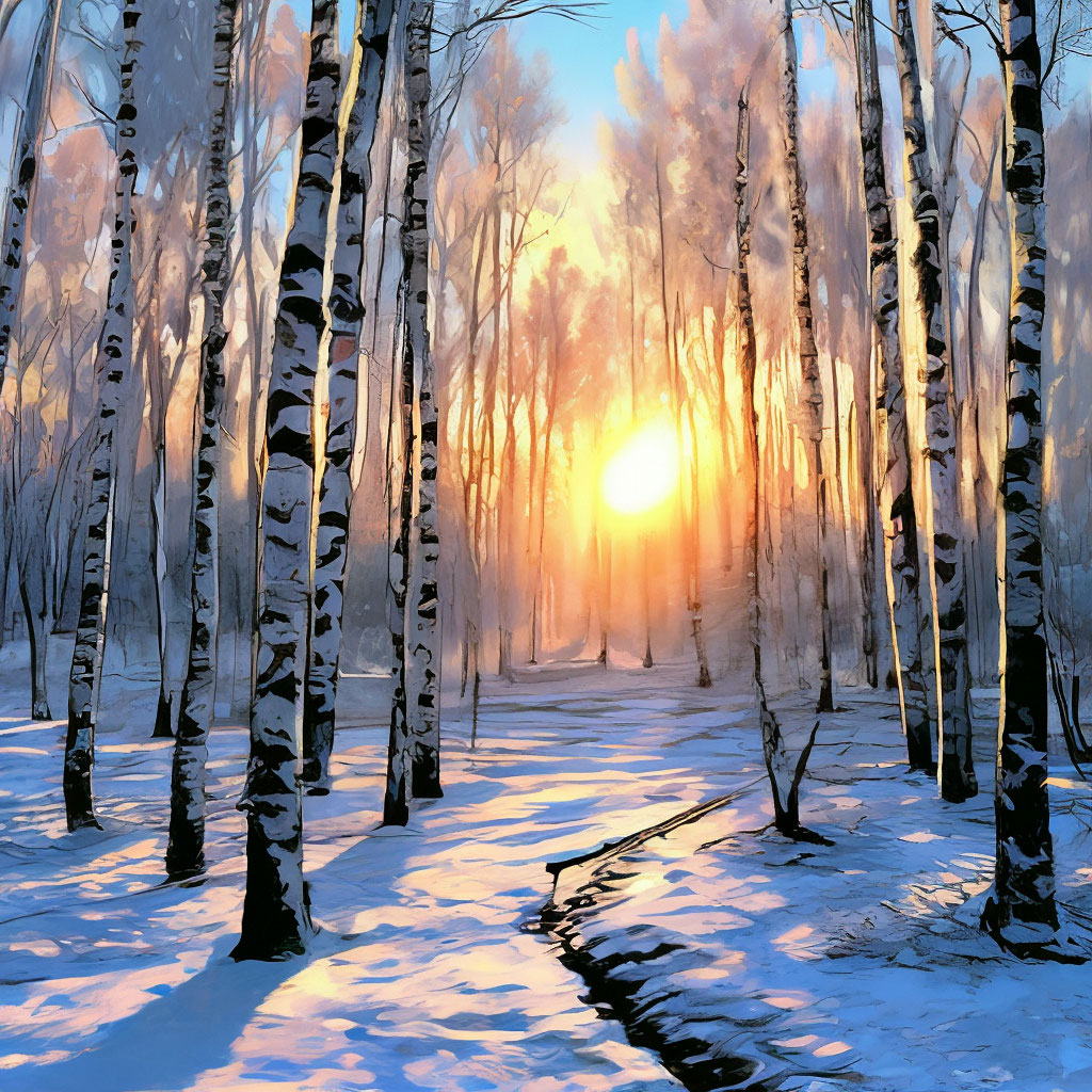 "Birch grove frost on the trees snow dawn" — image created in Shedevrum