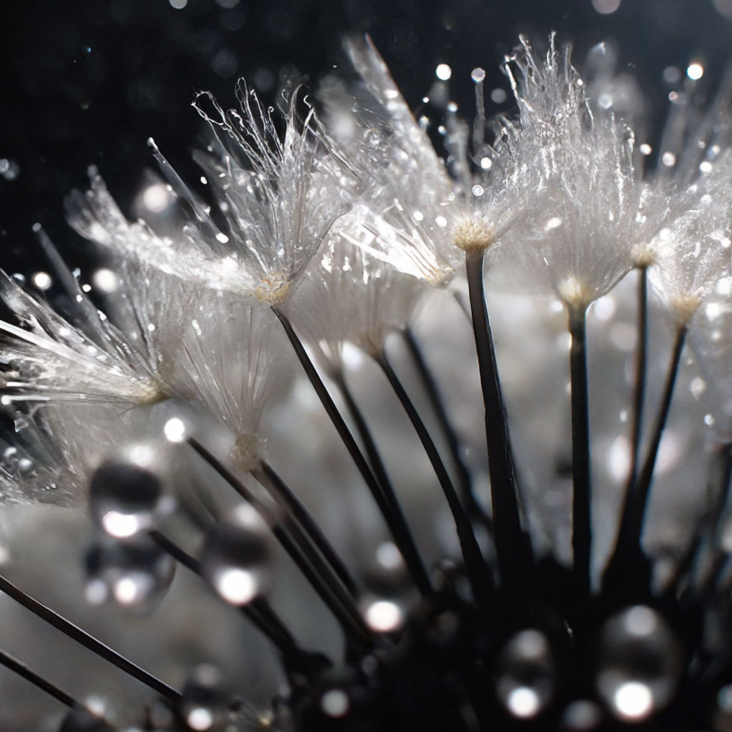 "Many white dandelions, stardust, water drops horror aesthetics, ink ...