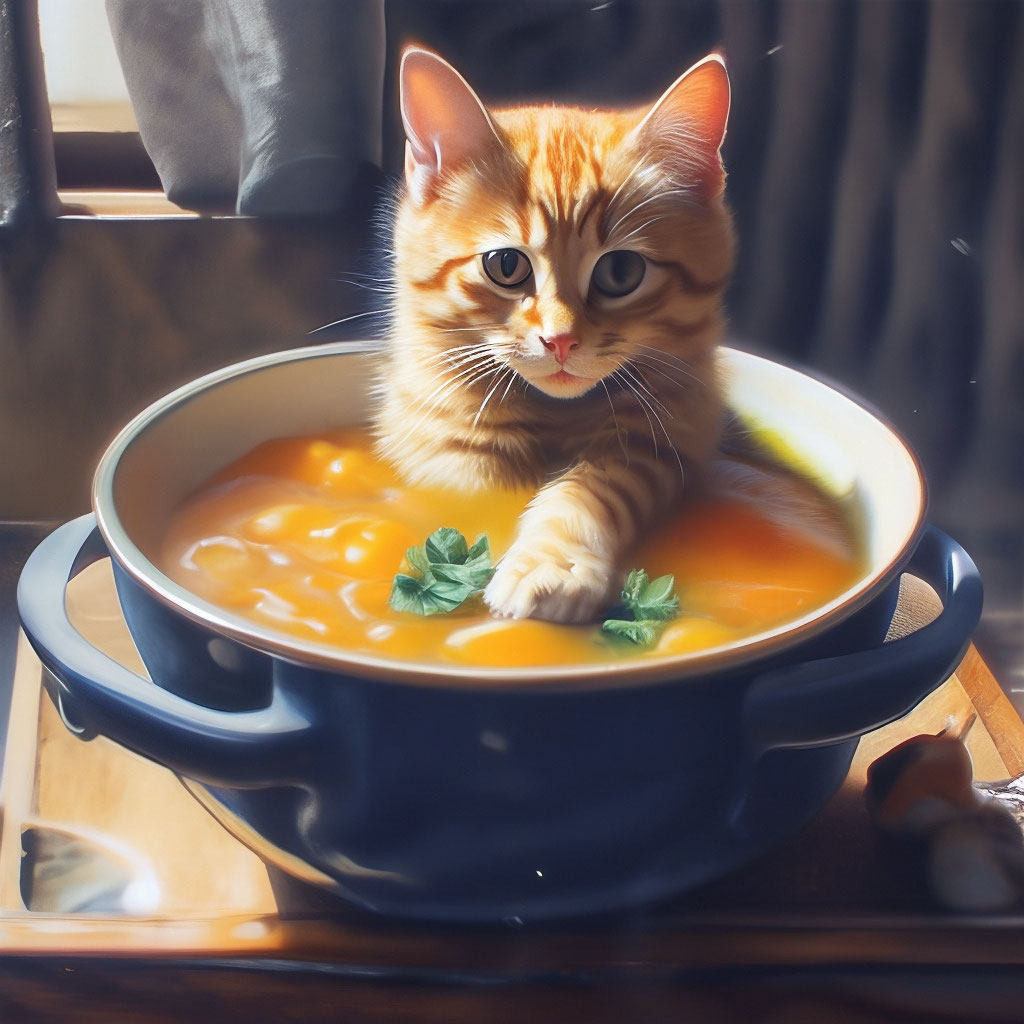 "Soup with a cat" — image created in Shedevrum