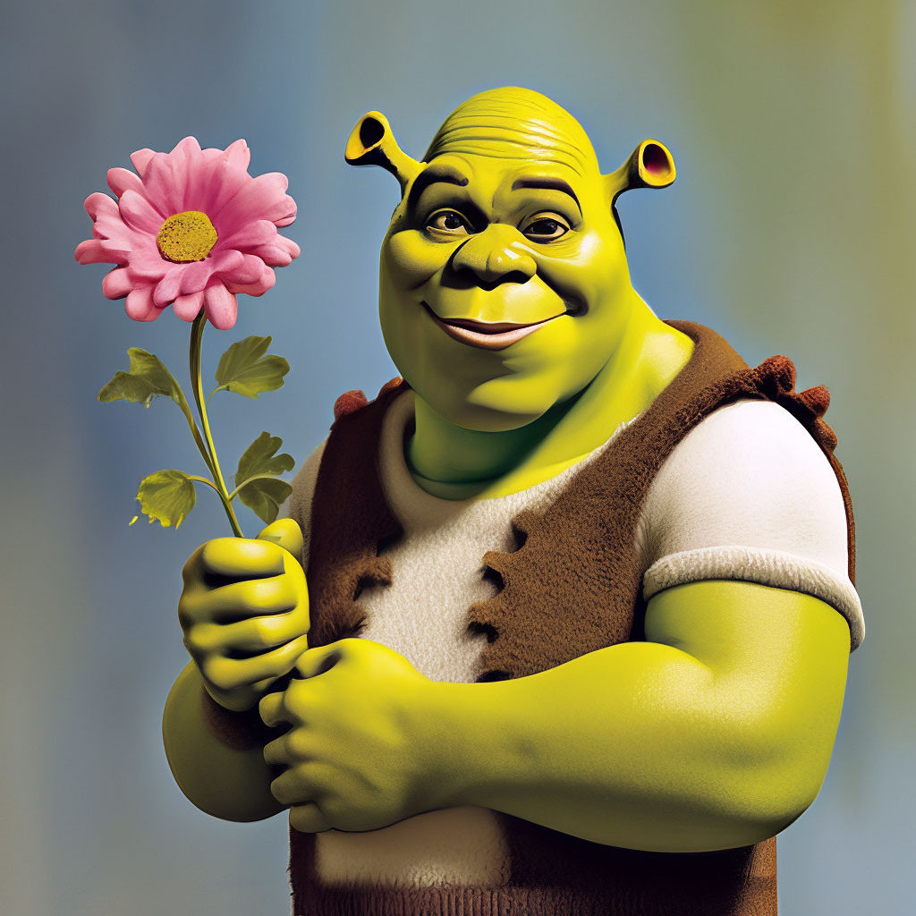 "Shrek holds a flower" — image created in Shedevrum