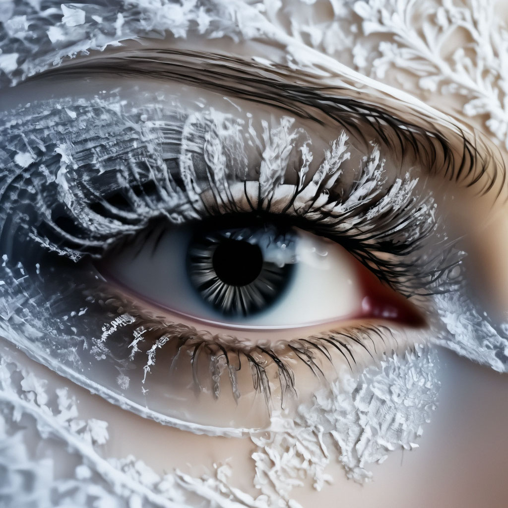 "Two long,snowy eyelashes covered with frost,snow lace,fine lines,magic ...