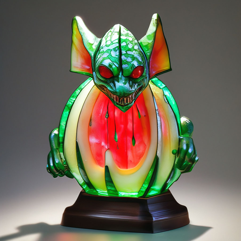 "A statuette...colored stained glass......anthropomorphic creep ...