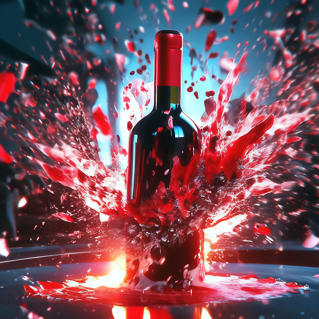"A bottle of red wine explodes, splashes of wine and glass fragments ...