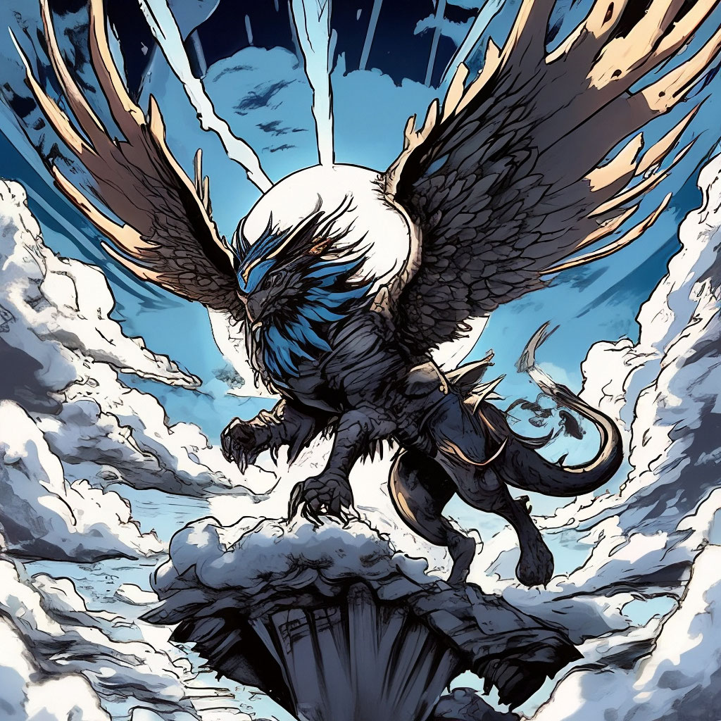 "⬛ high in the sky, clouds, an elemental creature monster with wings ...