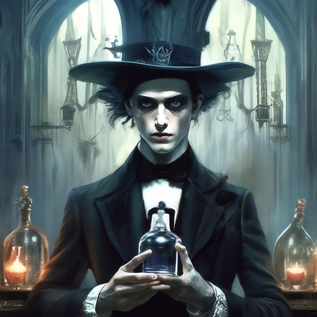 "Perfumer man, horror, fantasy, beautiful, defiant, in the style of Tim ...