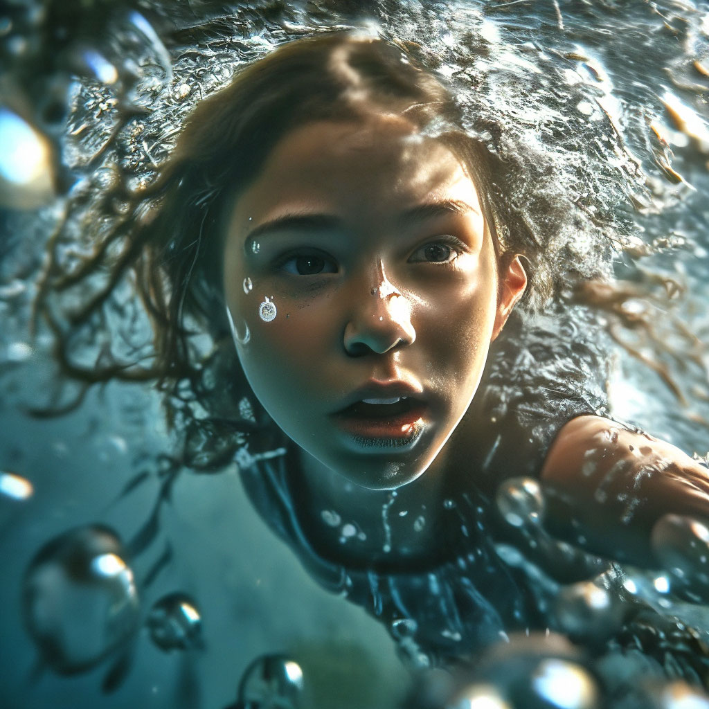 "A girl under water swims in a bubble, chains are wrapped around her ...
