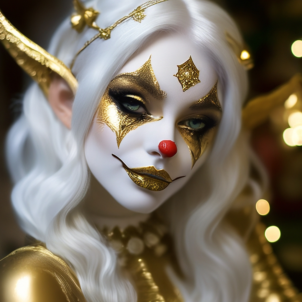 "Elf in clown makeup, white hair, dark, elf girl gold, 32k" — image ...