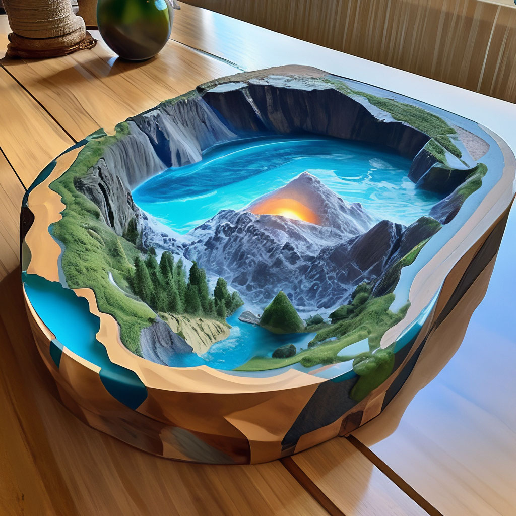 "Epoxy resin table drawing of the planet Hyperion on the surface of a ...
