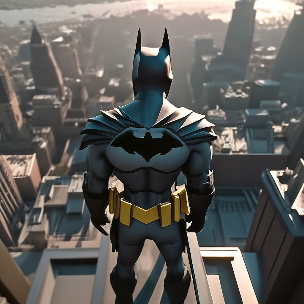 "Batman looks from a tall building at Gotham,rear view camera from ...