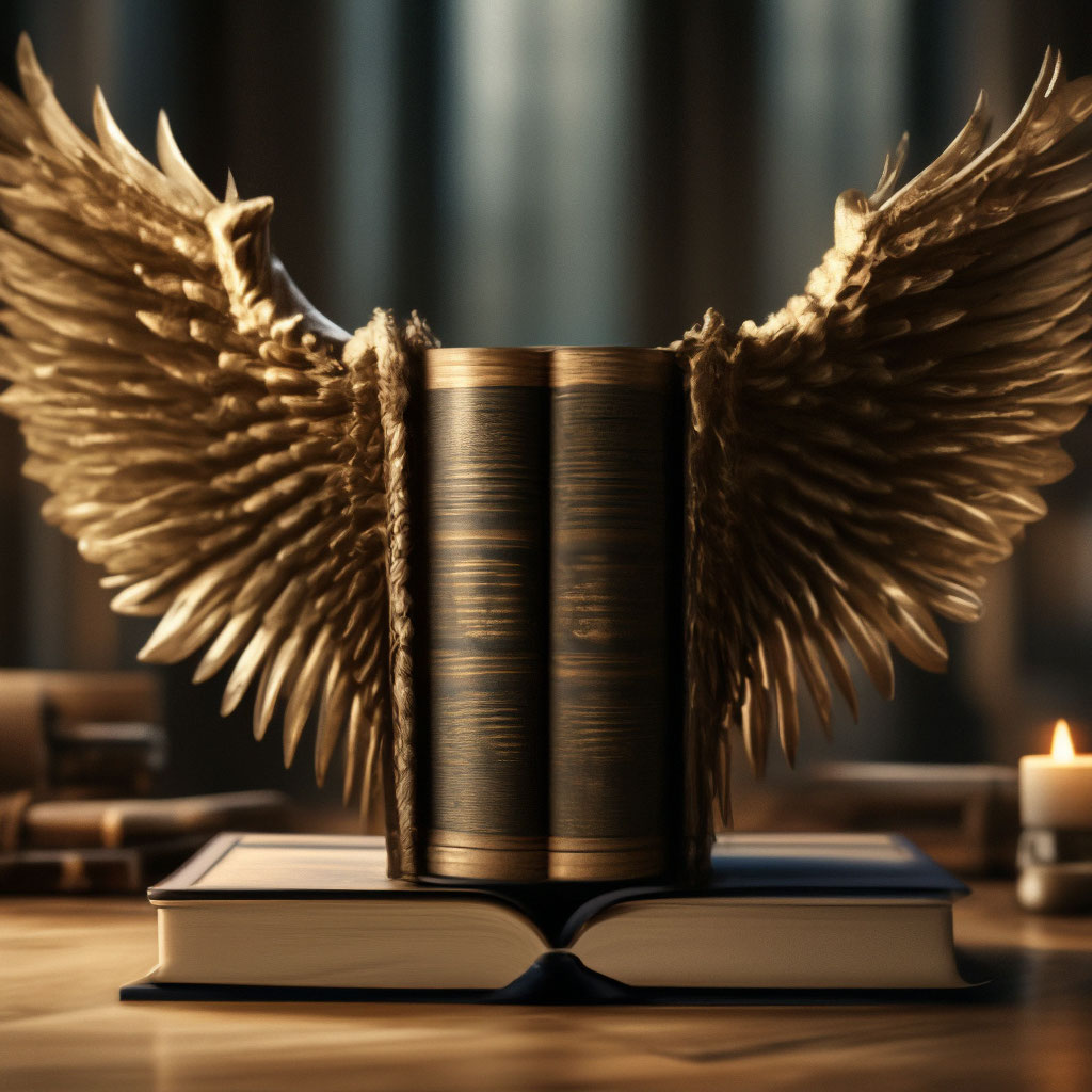 "An anthropomorphic book with wings." — image created in Shedevrum