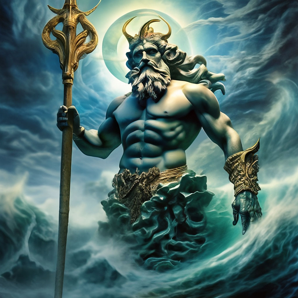 "Neptune emerges from the depths of the sea" — image created in Shedevrum