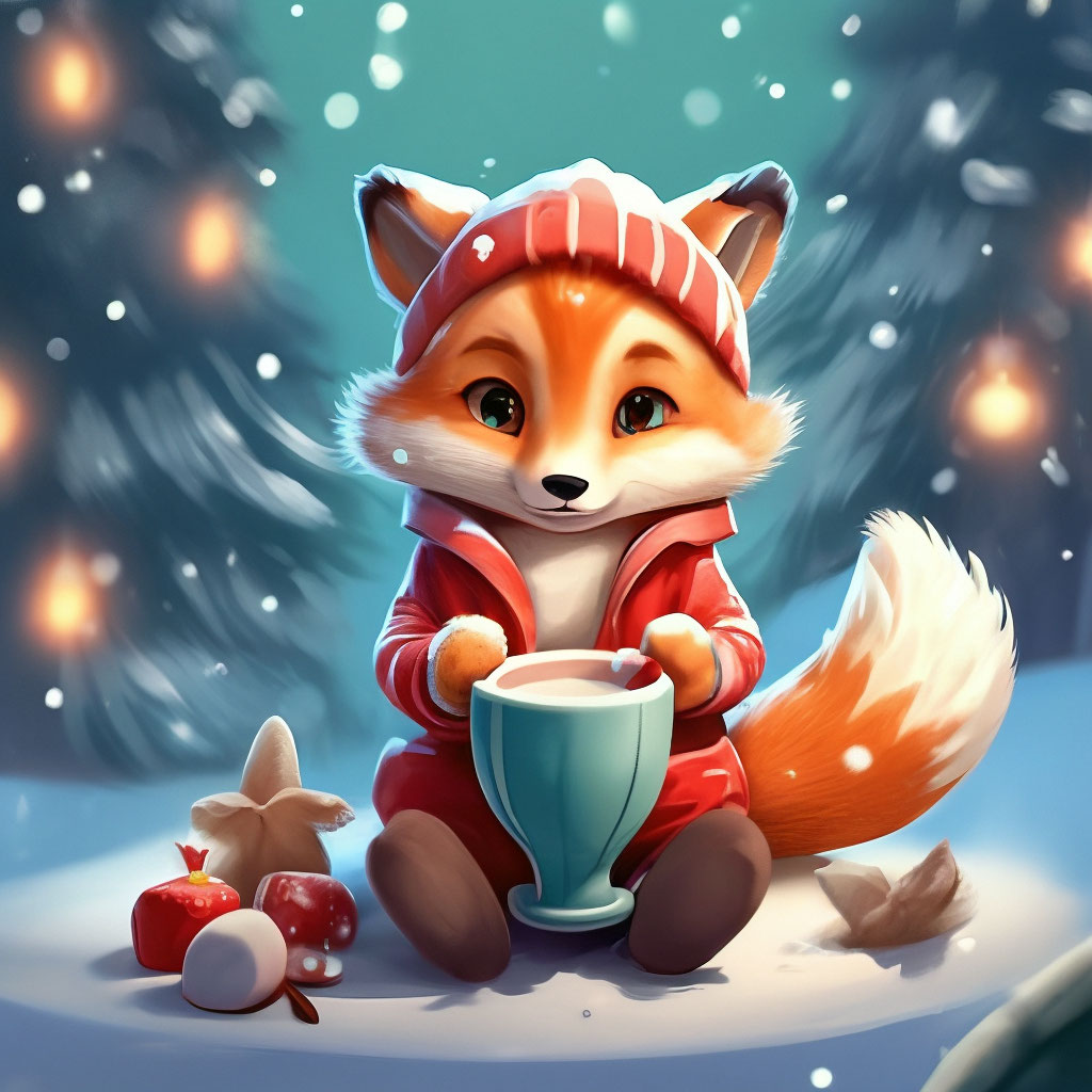 "Cute little fox is sitting with a cup of cocoa, marshmallows in cocoa ...