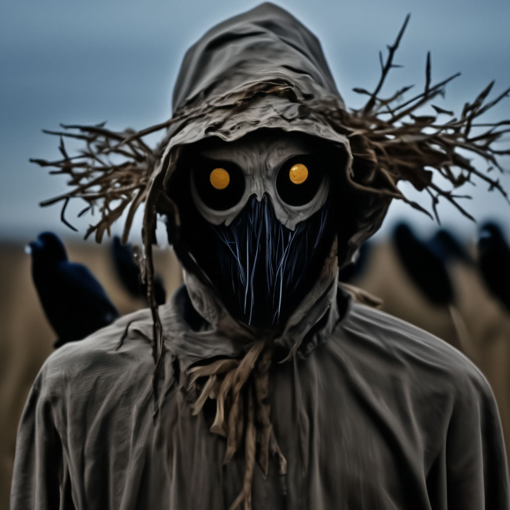 "Creep scarecrow in the night field, crows, schizophrenia delirium ...