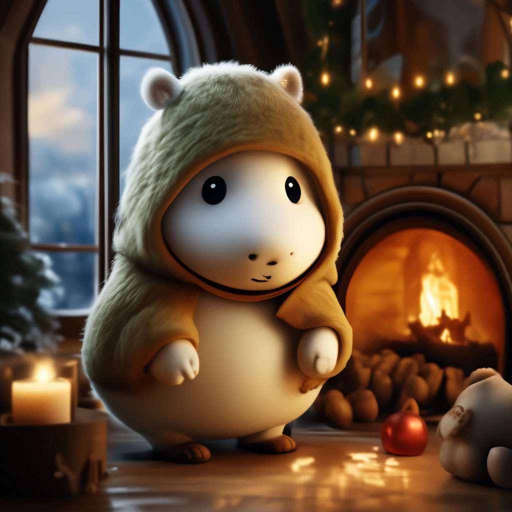 "Inside a small cozy house, a fat cute Moomin New Year, big eyes ...