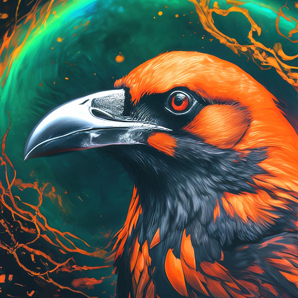"Orange raven on a black background, psychedelic space, mysticism ...