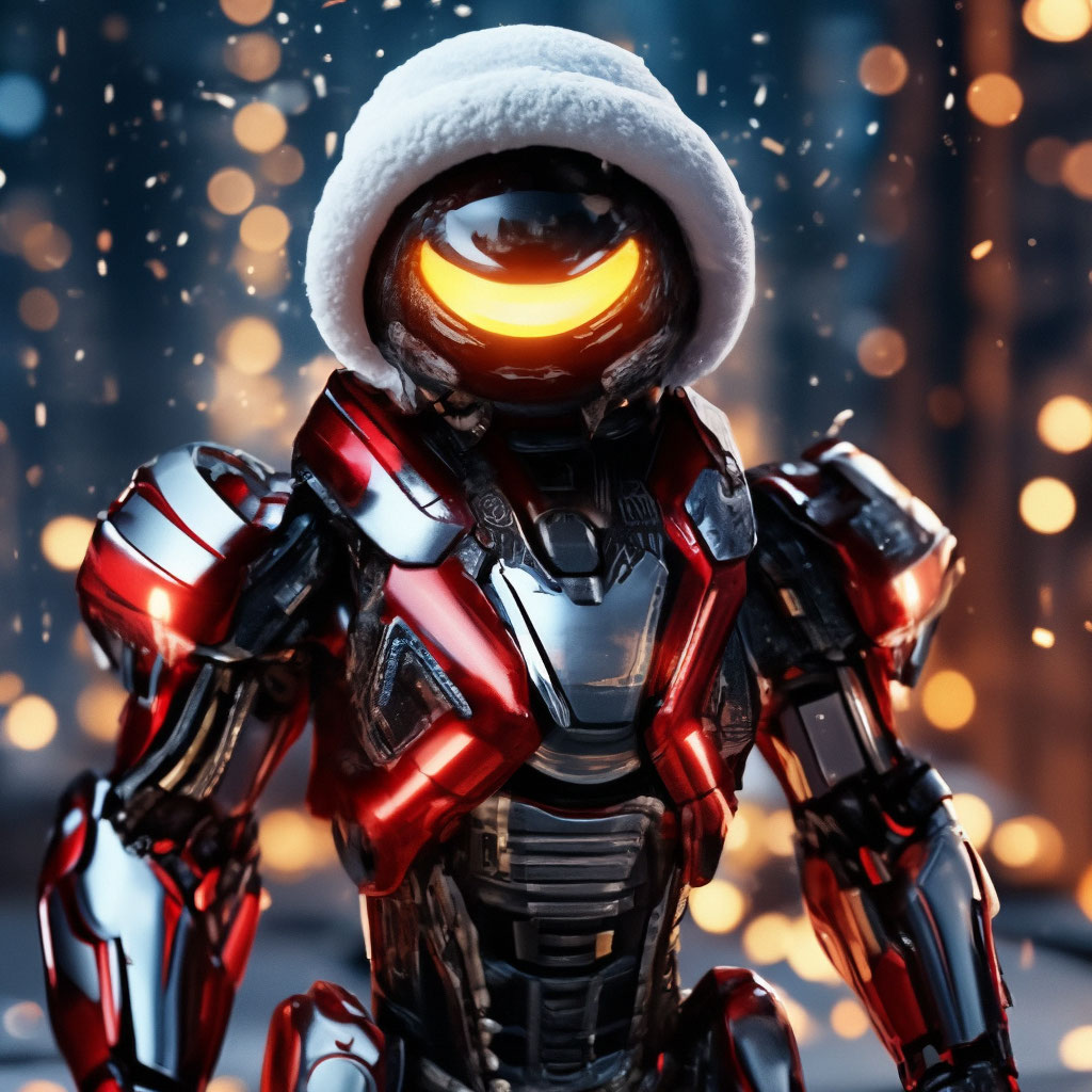 "Anthropomorphic Cyborg Snowman in Santa Claus costume, Christmas tree ...