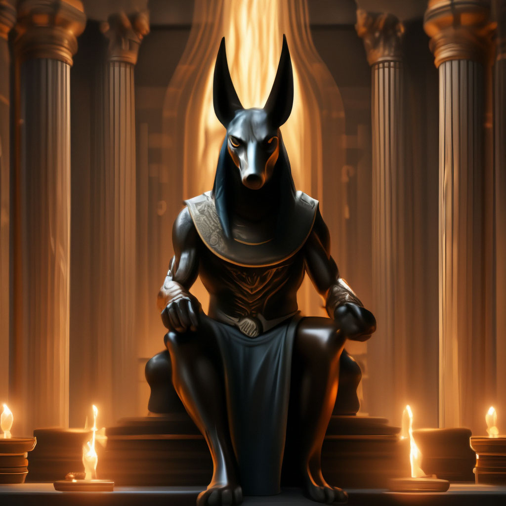 "Anubis sits on a throne in a dark hall with columns, flanked by ...