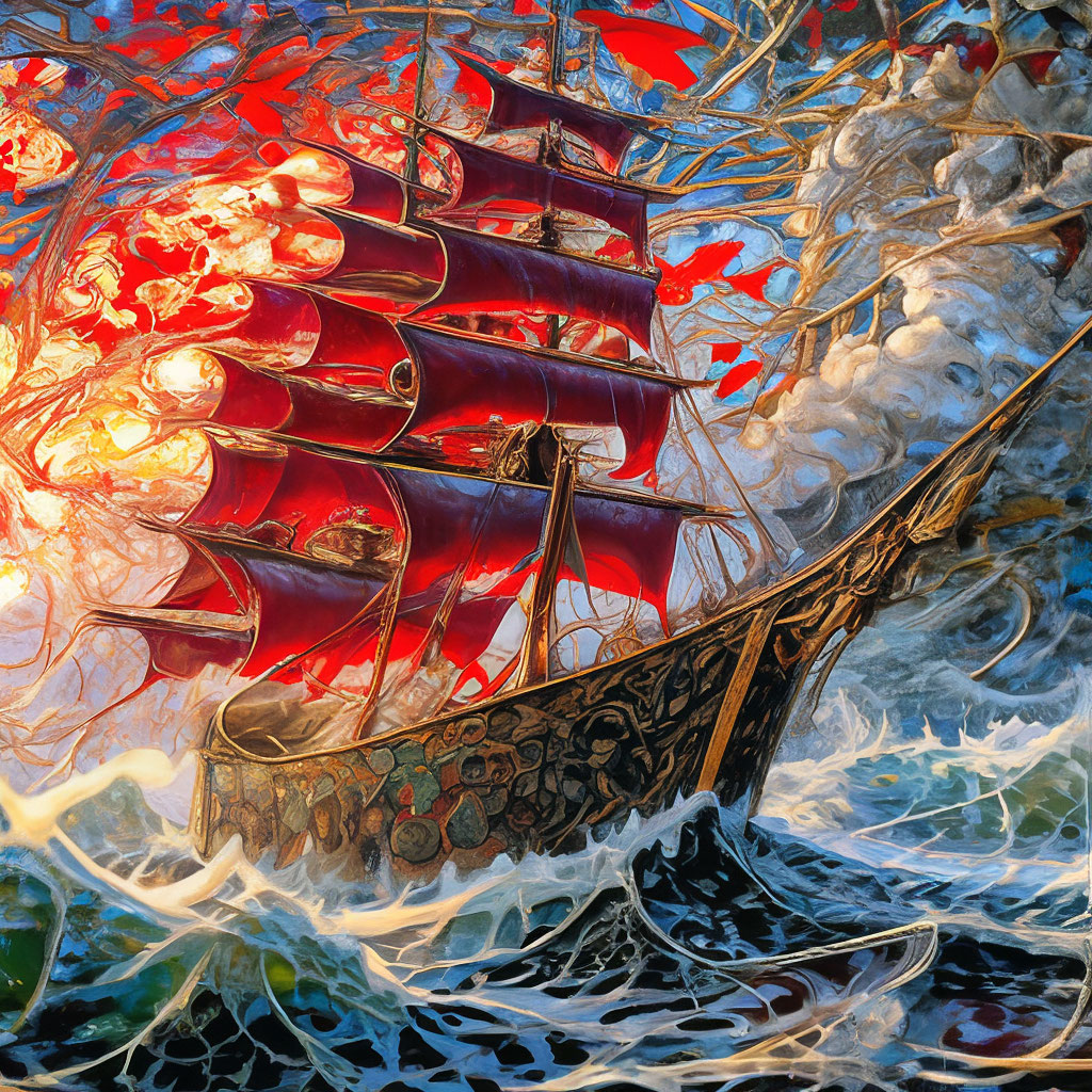 "Engraving,mosaic, chess ship with scarlet sails sailing on a stormy ...