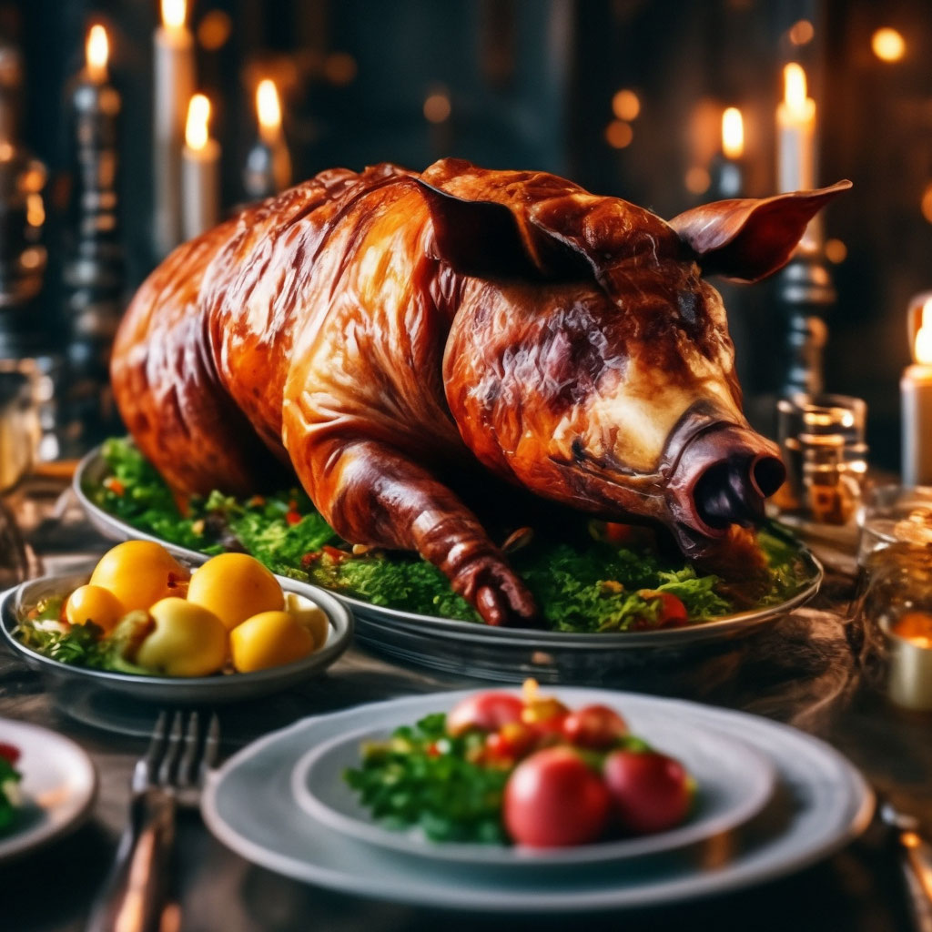 "Fried whole pig, horror, feast, beautifully decorated table, 8k ...
