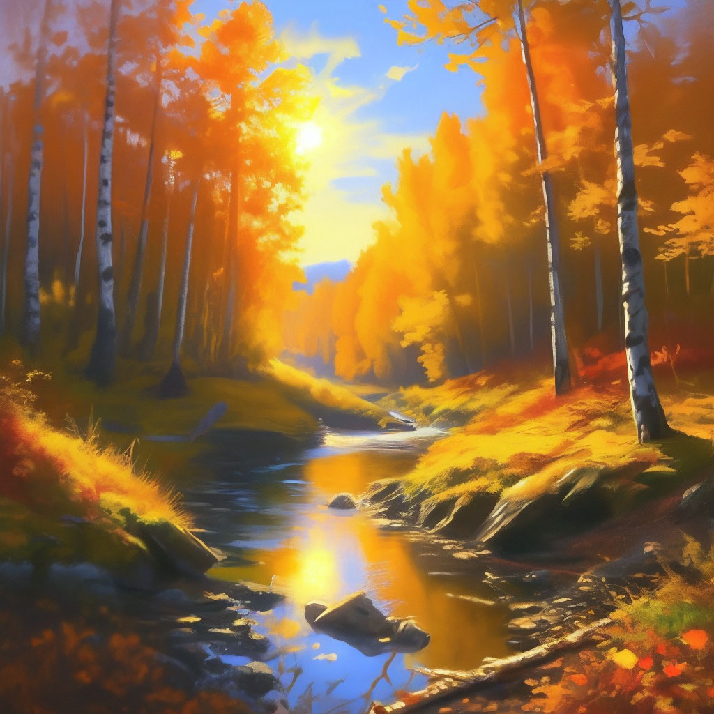 "Autumn, forest, bright sun, river, realism" — image created in Shedevrum