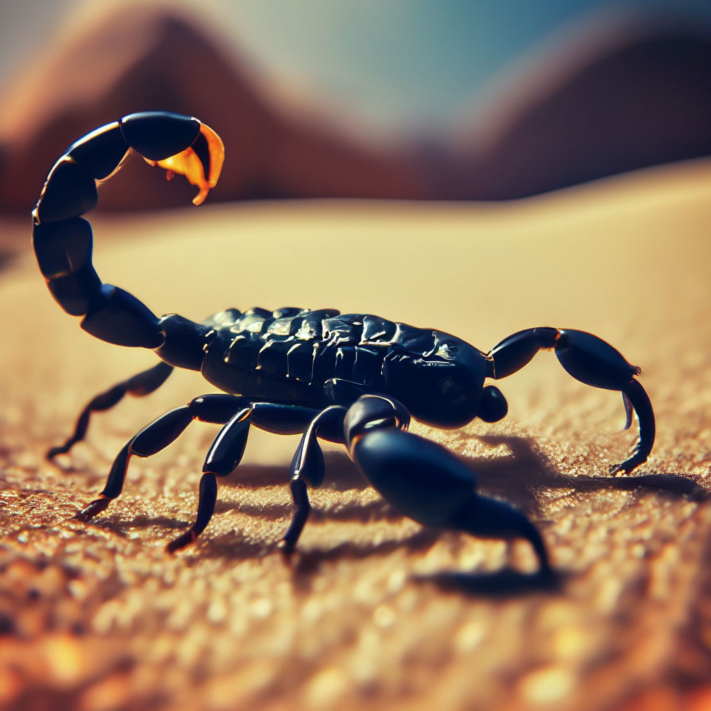 "Coin, black scorpio in the desert, a scorpion with claws and a sting ...