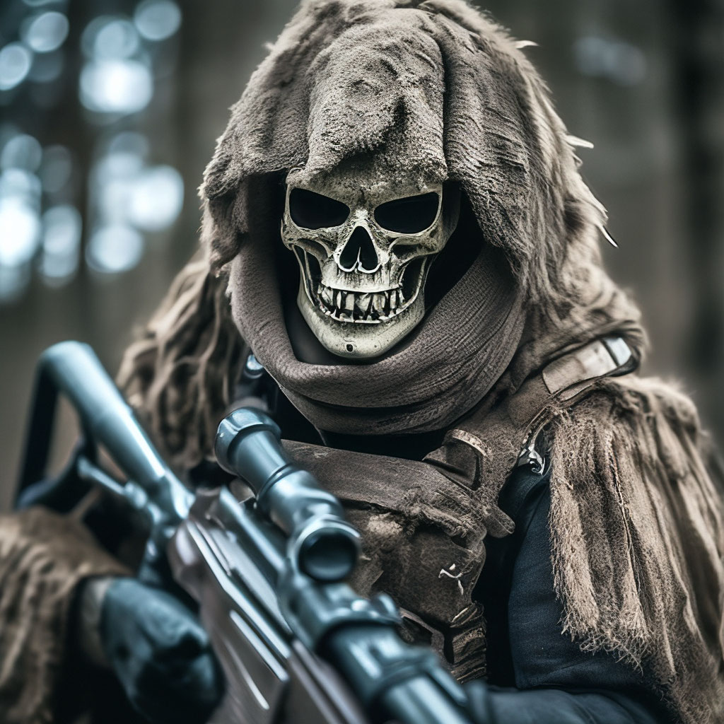 "Stalker sniper with a skull mask on his head" — image created in Shedevrum