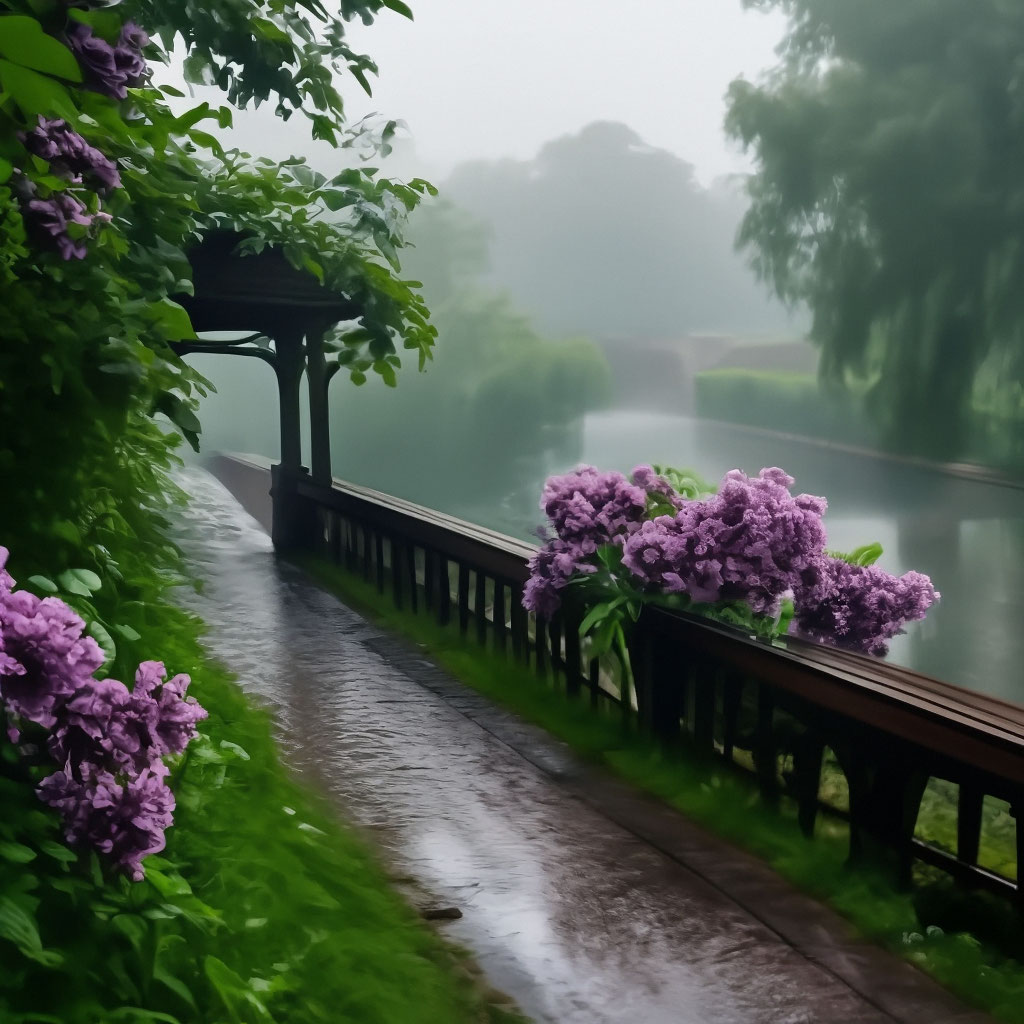 "Summer, rain,fog, well, wet lilac bushes,bridge over the river ...