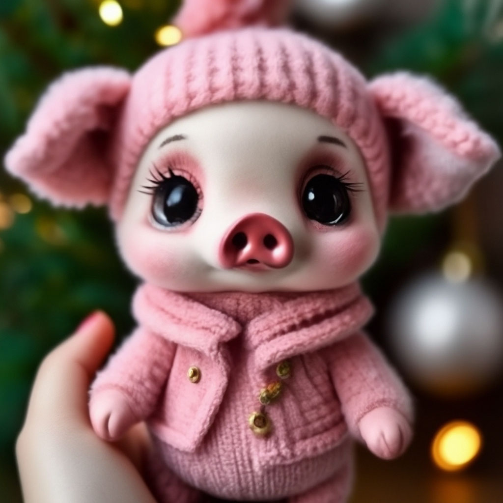 "Cute plush toy pink chibi pig in berets, anthropomorphic, Christmas ...