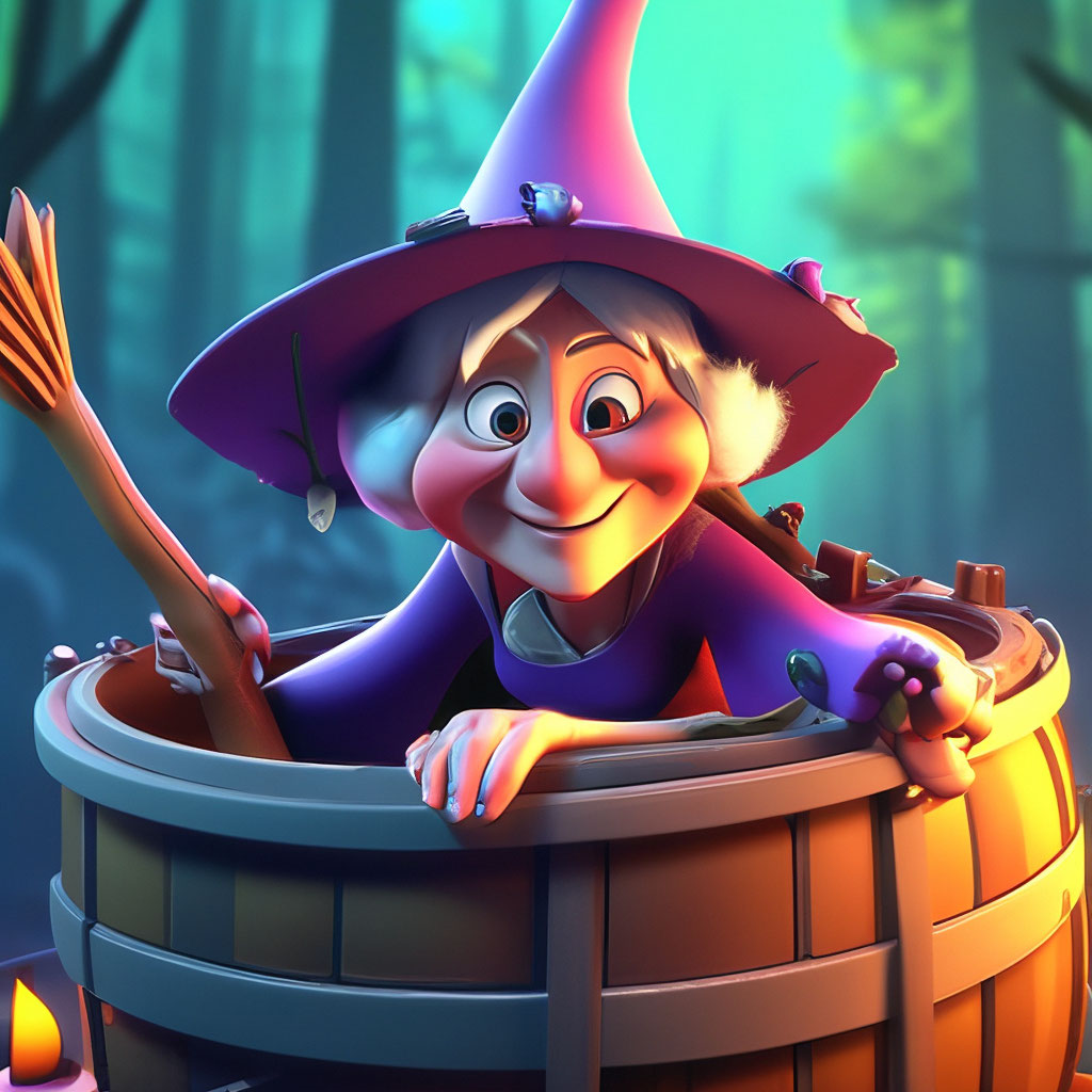 "Cartoon image of a hunched old witch with a broom, a wart on her nose ...