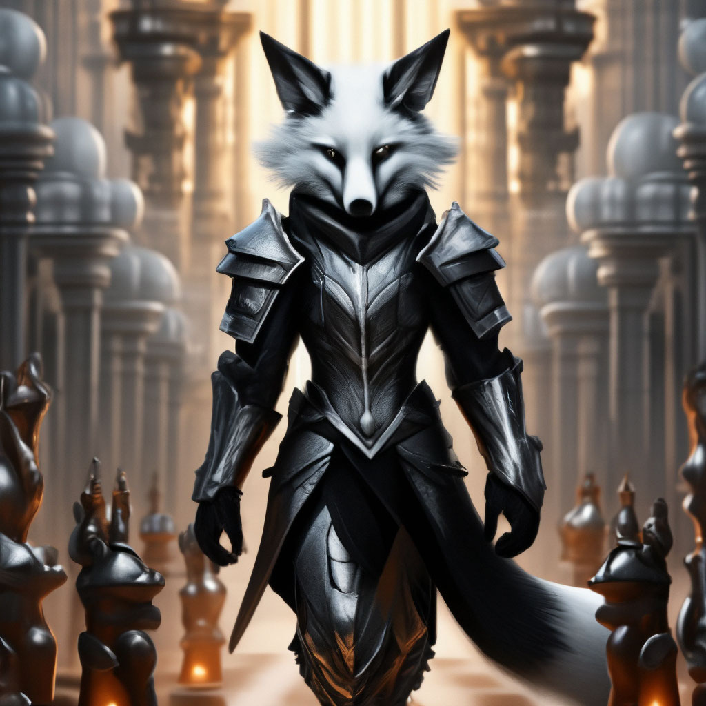 "Anthropomorphic white-black fox, standing on a huge chessboard among ...
