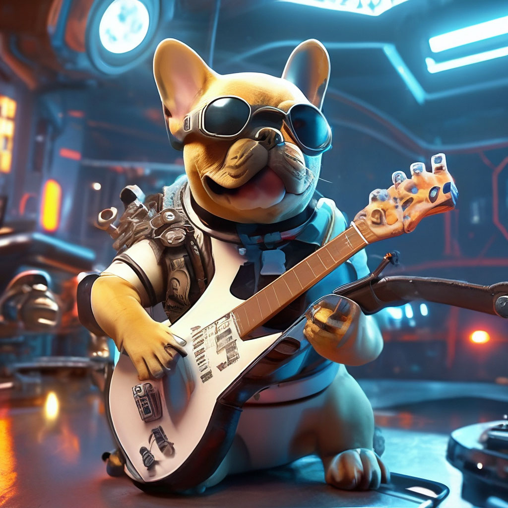 "French bulldog plays guitar" — image created in Shedevrum