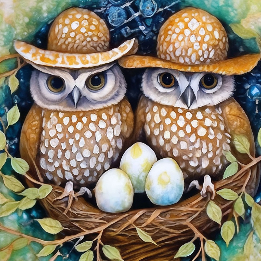 "June. Cute round owls in straw hats, hatching eggs on a branch, leaves ...