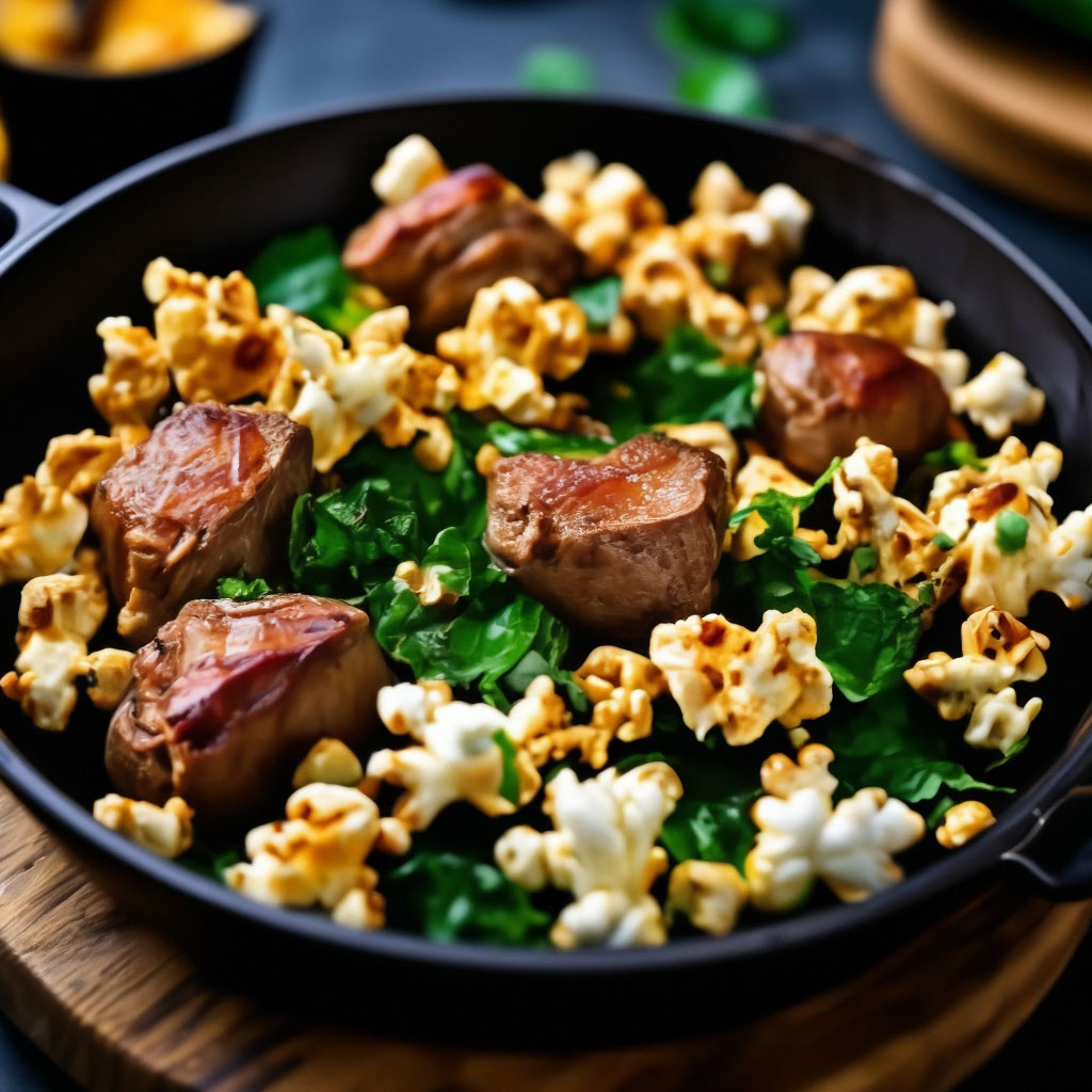 "Frying pan, meat with popcorn and greens in it, beautiful ...