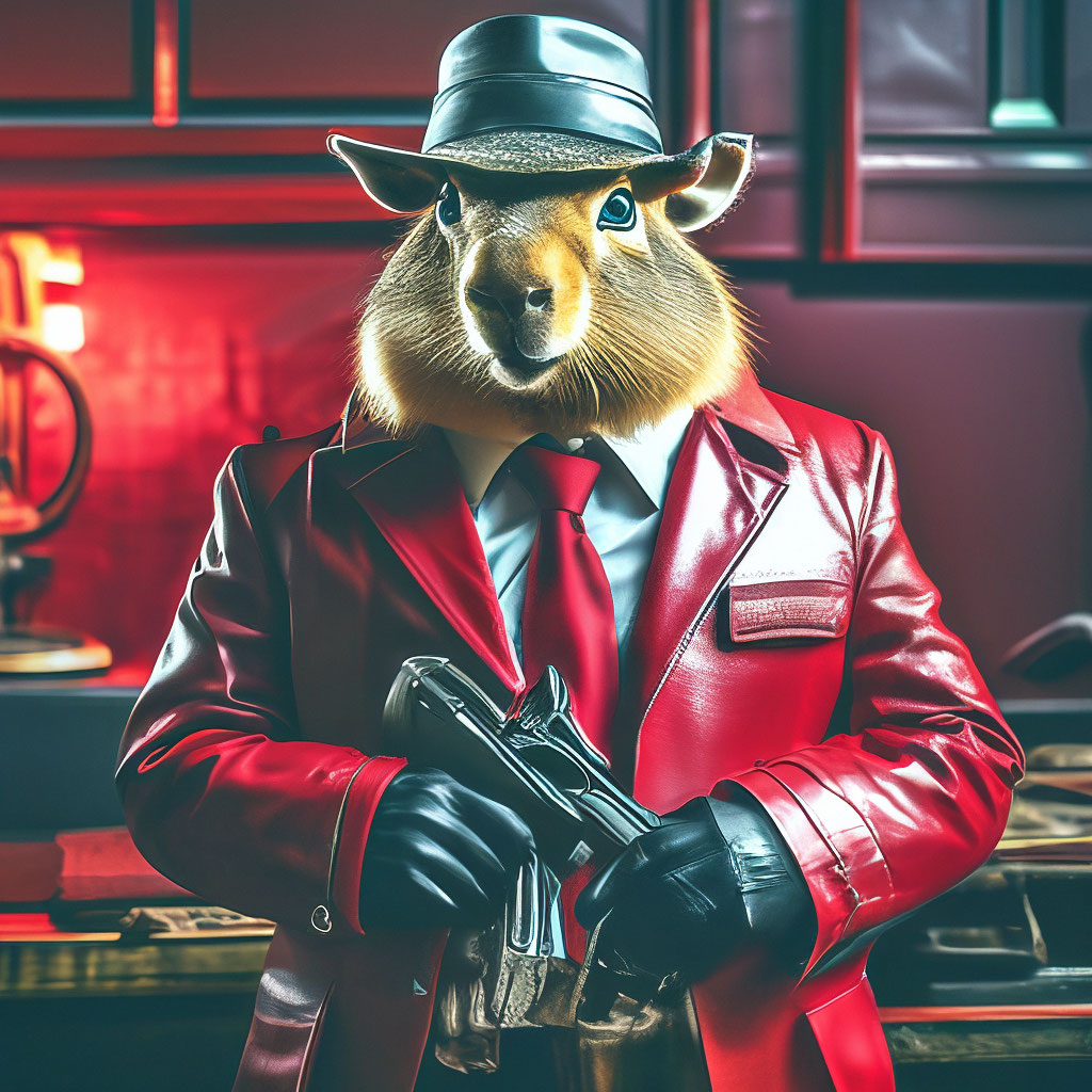 "Business capybara, in a crimson jacket, gangster style of the 80s ...