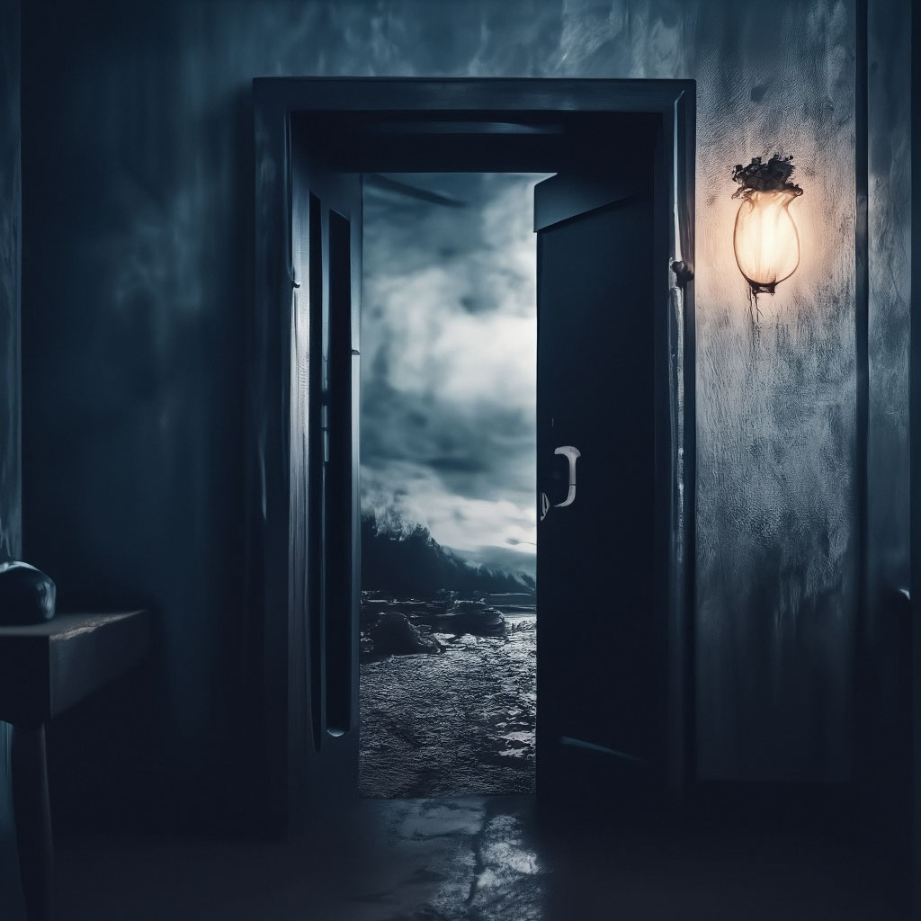 "The door an open door to the other world, horror, gloomy tones ...