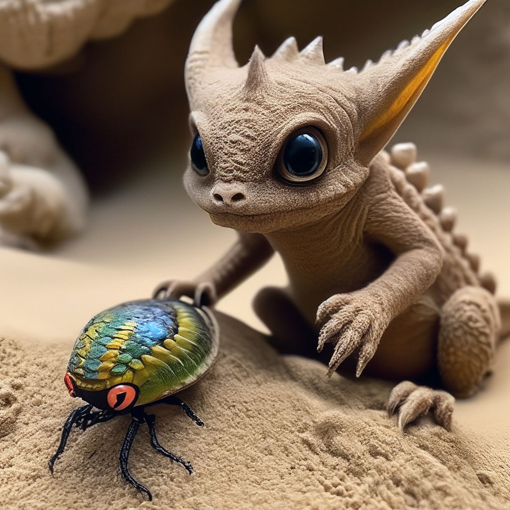 "A small 5-year-old sand demon sits on a rock and eats a fly, bright ...