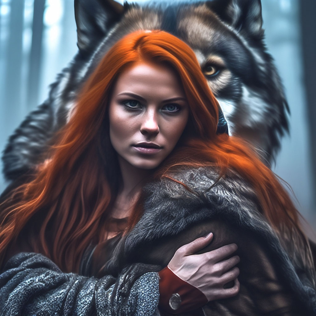 "Very beautiful, redhead, werewolf girl, embracing wolf, fog, redhead ...