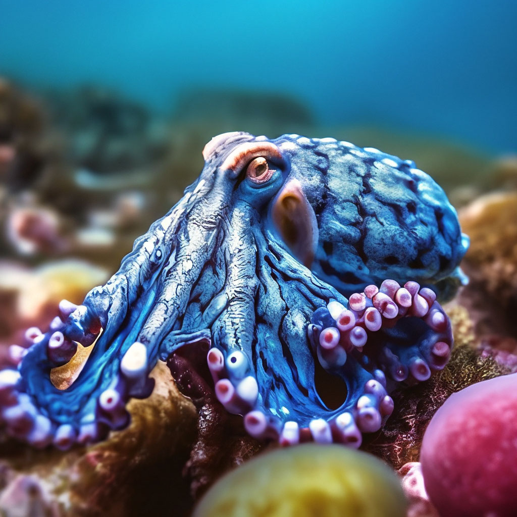 "Blue octopus on a beautiful sea background shells, carals algae 1/250s ...