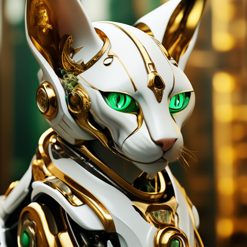 "Cybernetic cat sphinx, mechanical cat sphinx, white, emerald crystal ...