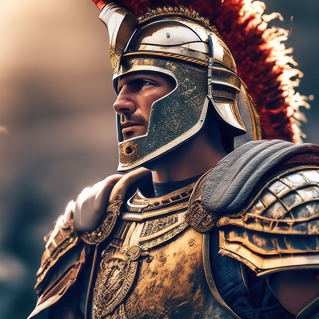 "The Lion and the Roman legionnaire of the bright side face in detail ...