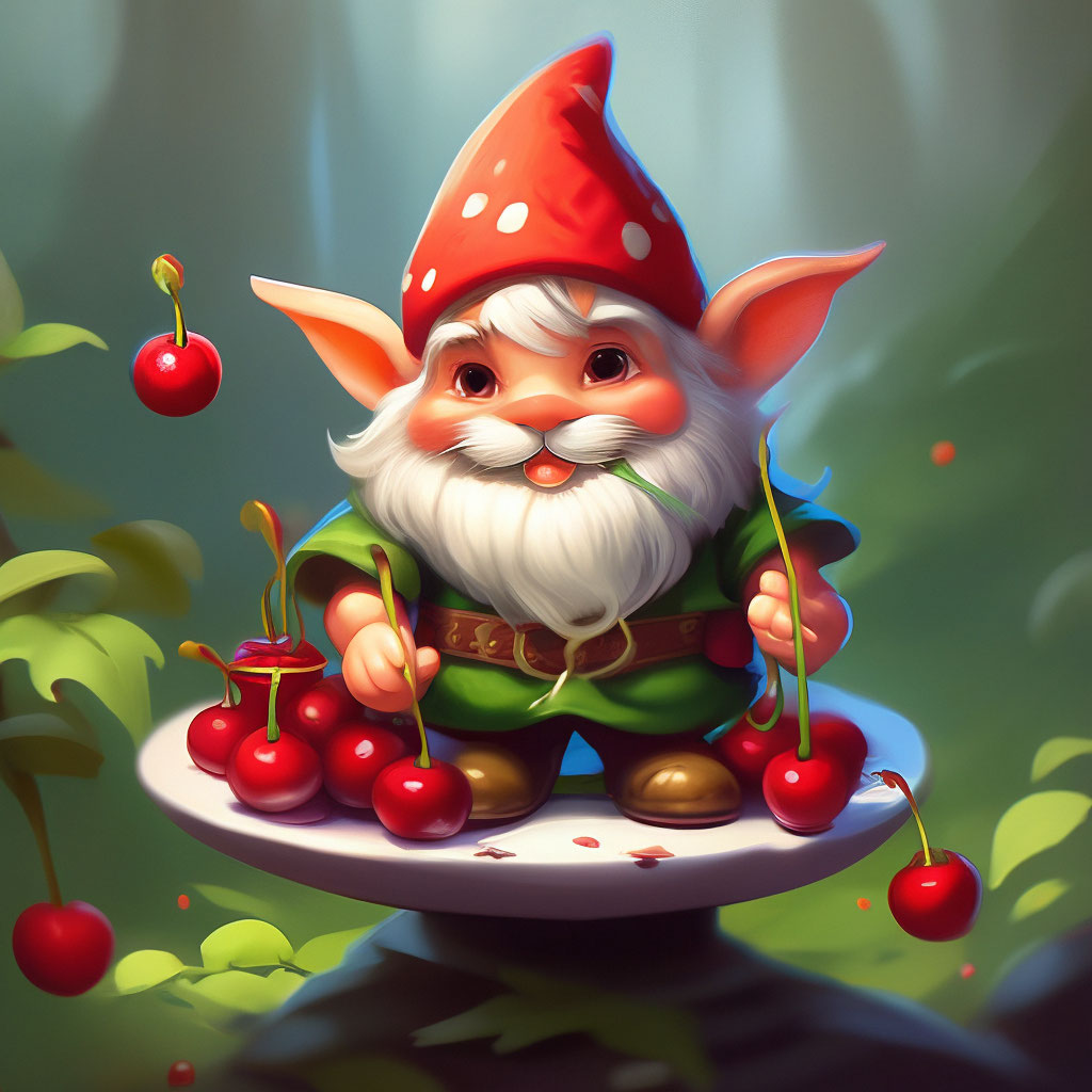 "Cute little gnome +elf holding a whole plate of cherries" — image ...