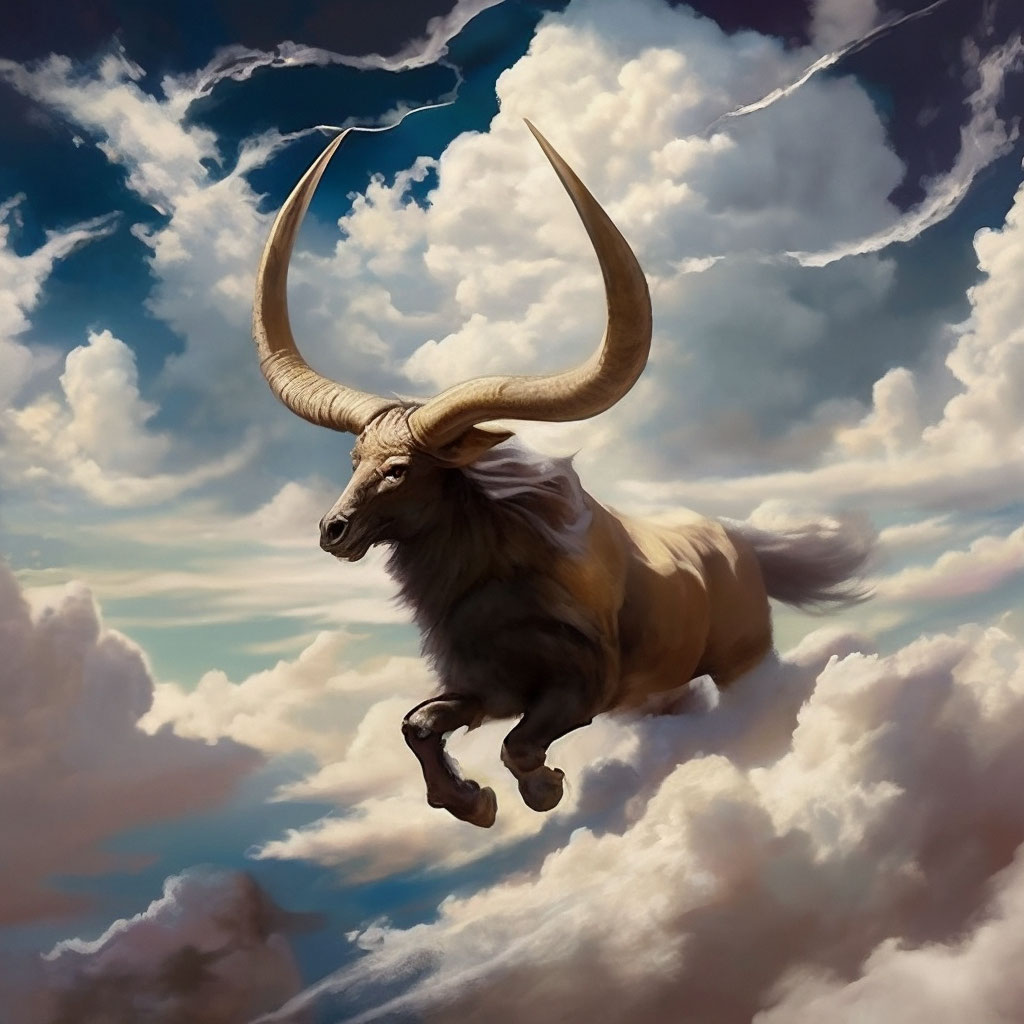 "He ran and the strong horns touched the clouds-clouds" — image created ...