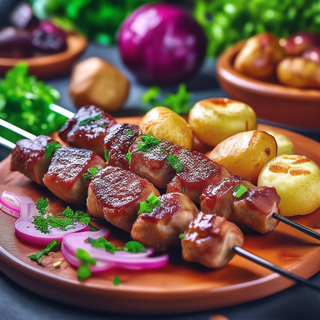 "Delicious armenian shish kebab, pickled onion on top, spices, herbs ...