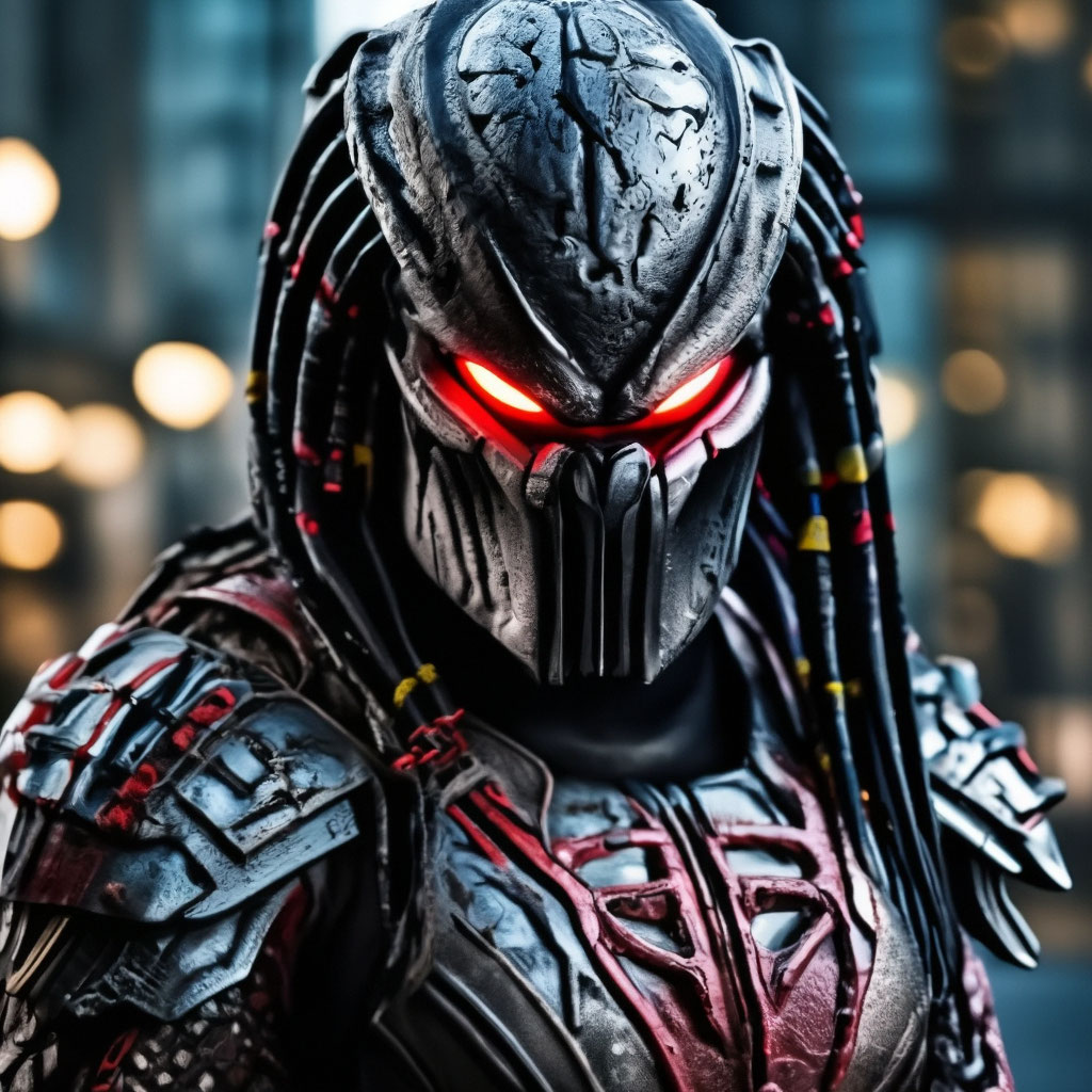"Predator-superman, masked, armored, harsh, gloomy, black eyes, neon ...