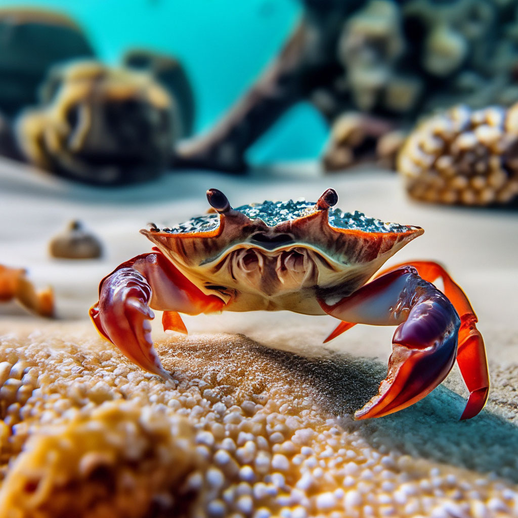 "A small crab at the bottom of the sea. sand, pebbles, fish. turquoise ...